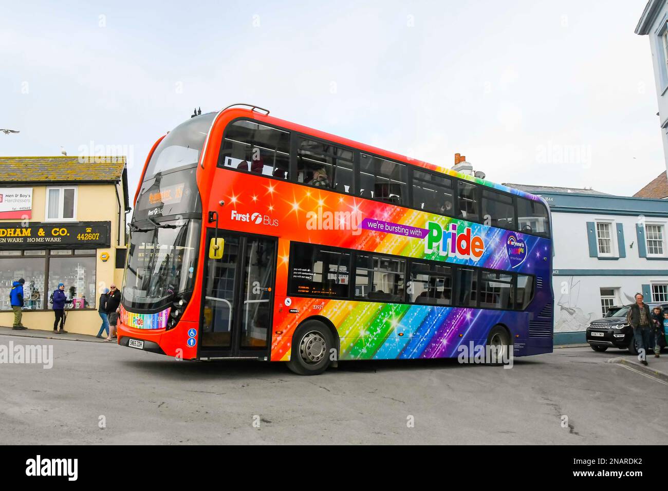 Lyme Regis, Dorset, UK. 13th February 2023. A First Bus X53 double ...