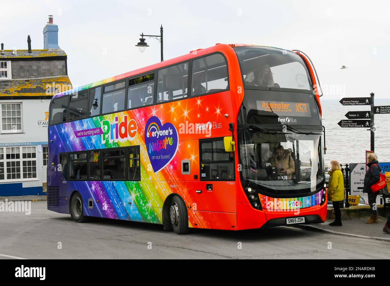 Lyme Regis, Dorset, UK. 13th February 2023. A First Bus X53 double ...