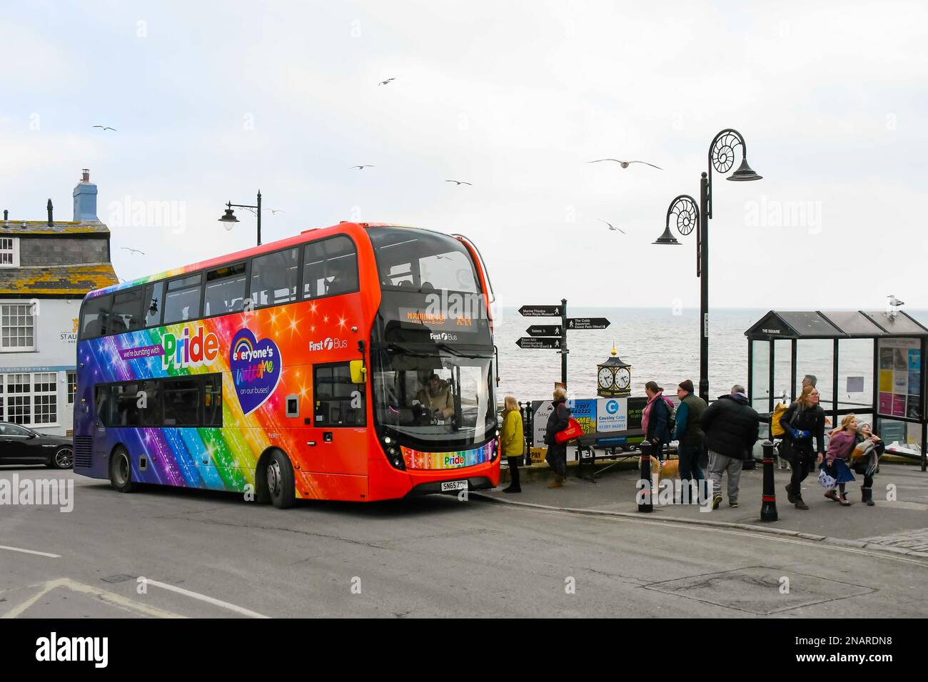 Lyme Regis, Dorset, UK. 13th February 2023. A First Bus X53 double ...