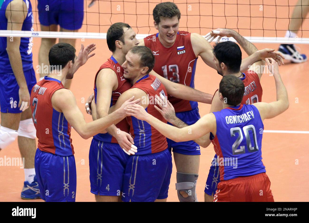 Russian volleyball players, from left, Denis Biriukov, Taras Khtey, Sergey Makarov, Dmitriy ...