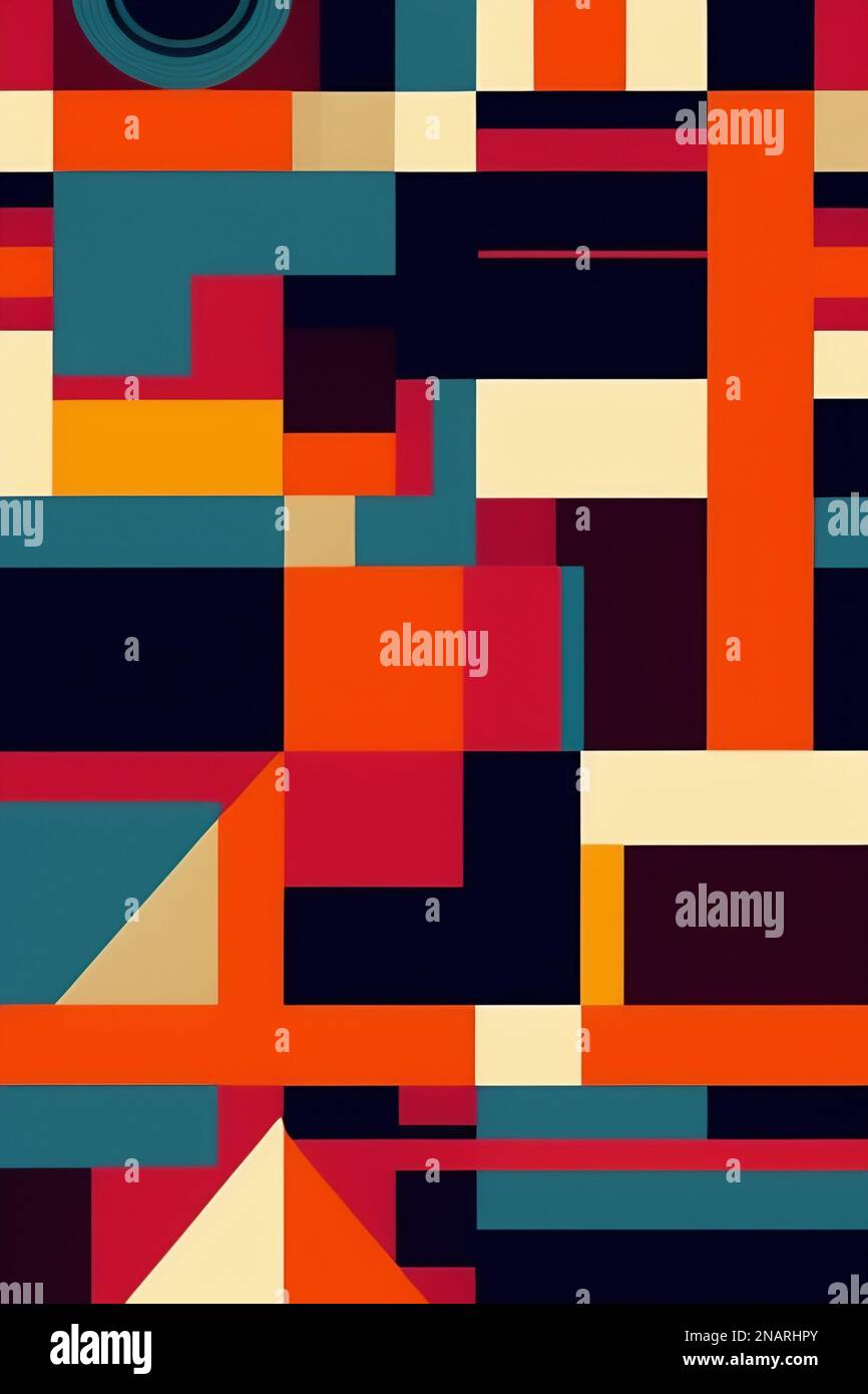 A vertical colorful illustration of geometrical shapes creates a retro ...