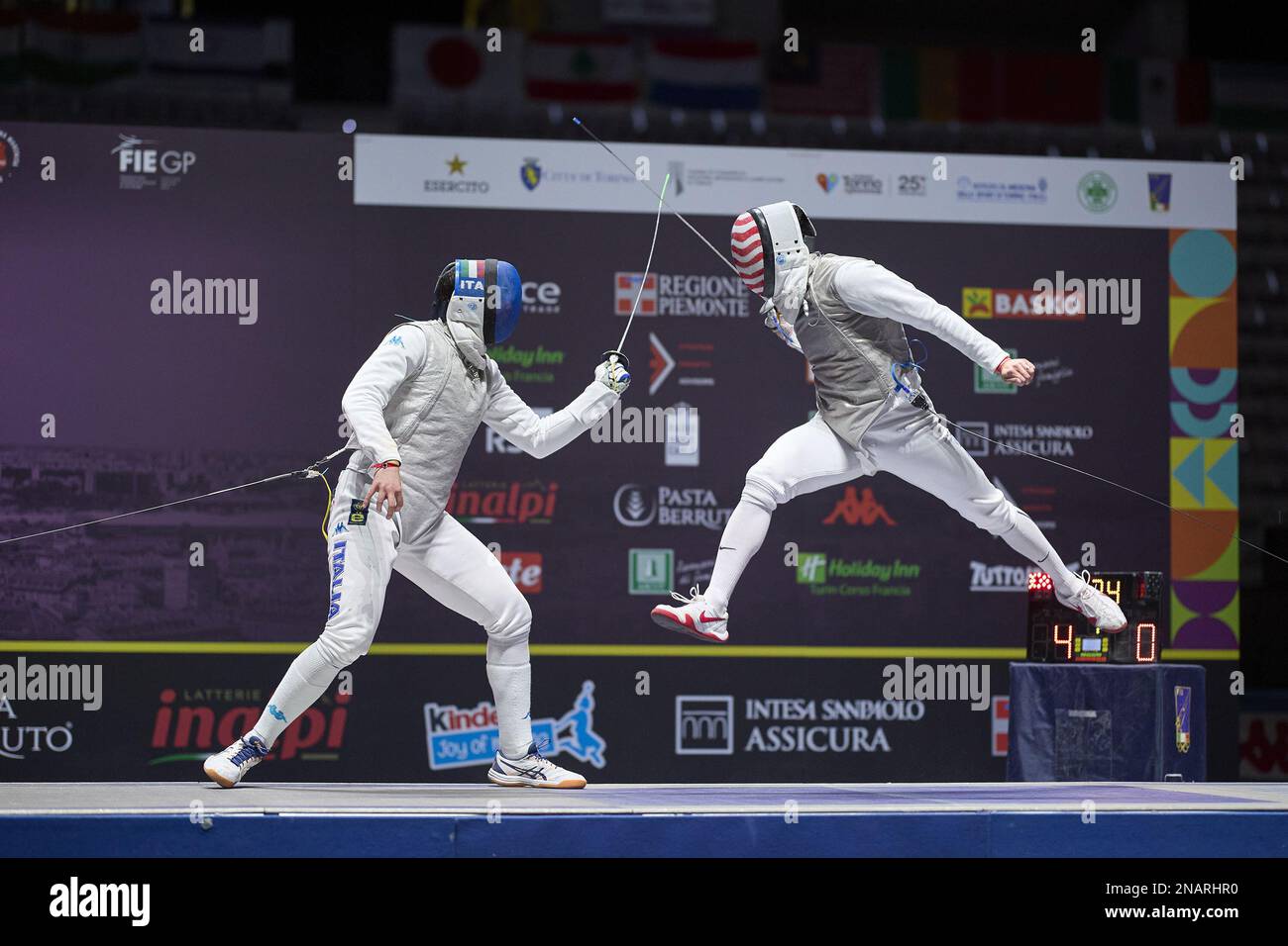 Turin, Italy. 12th Feb, 2023. Filippo Macchi (ITA) and Gerek Meinhardt ...