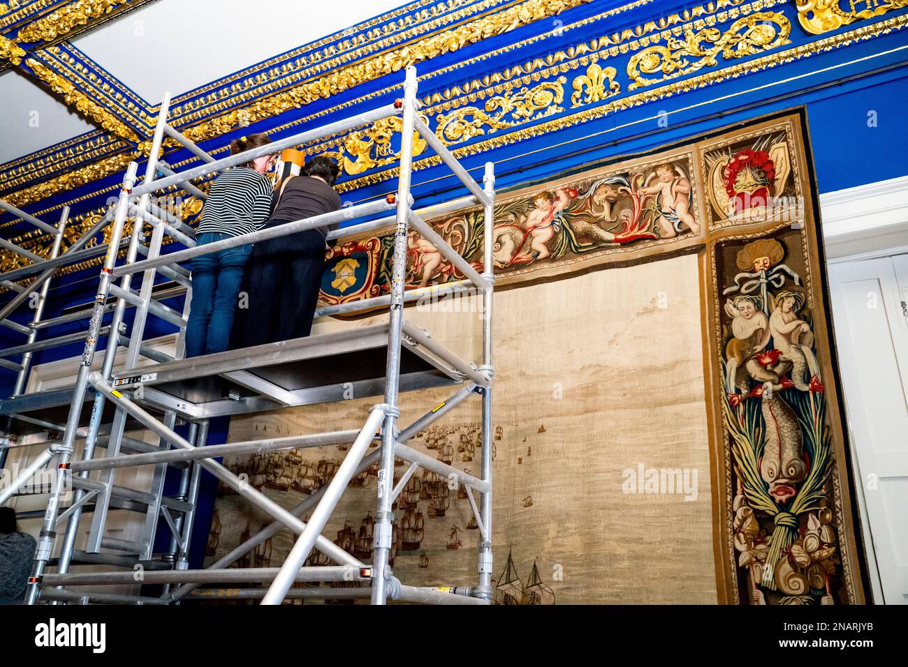 The Solebay Tapestry being installed in the King's Presence Chamber at ...