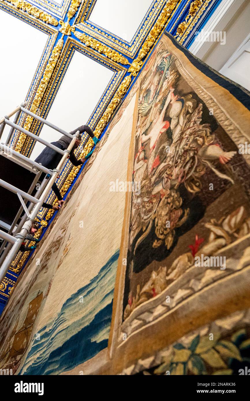 The Solebay Tapestry being installed in the King's Presence Chamber at ...