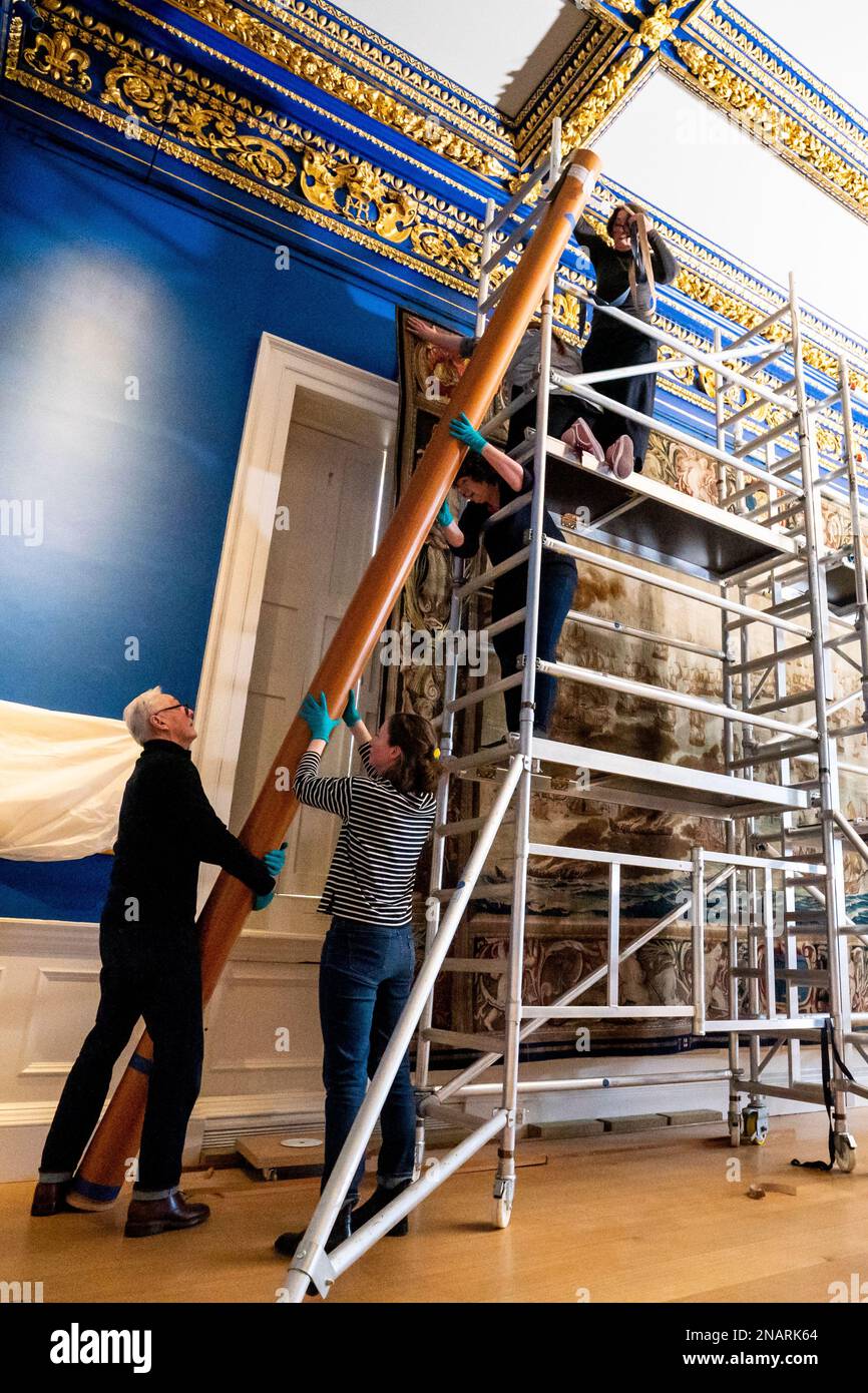 The Solebay Tapestry being installed in the King's Presence Chamber at ...