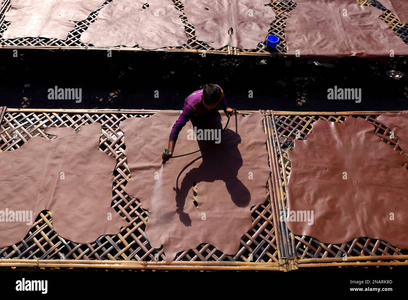 Dhaka, Dhaka, Bangladesh. 13th Feb, 2023. Workers dye leather and dry ...