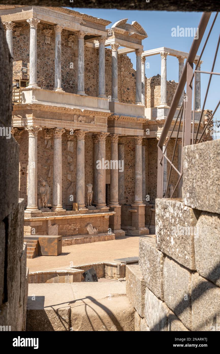 The ancient ruins of the main facade of the theater of the Roman city ...