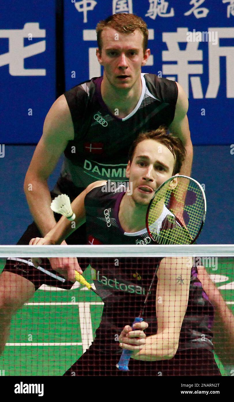 Denmark's Mathias Boe, bottom, and Carsten Mogensen, top, play against ...