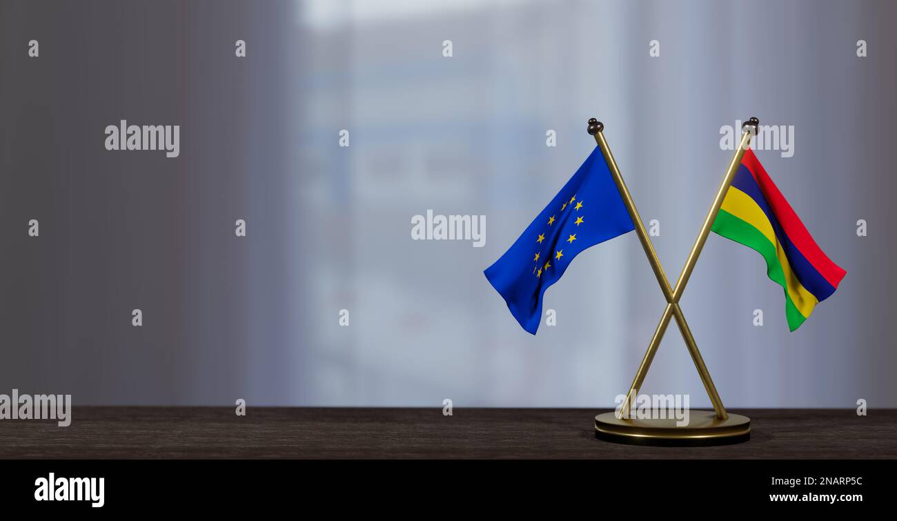 Mauritius and Europe flags on table. Negotiation between Mauritius and ...