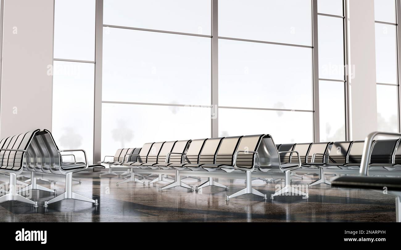 Airport or terminal lounge interior mockup, side view, 3d rendering ...