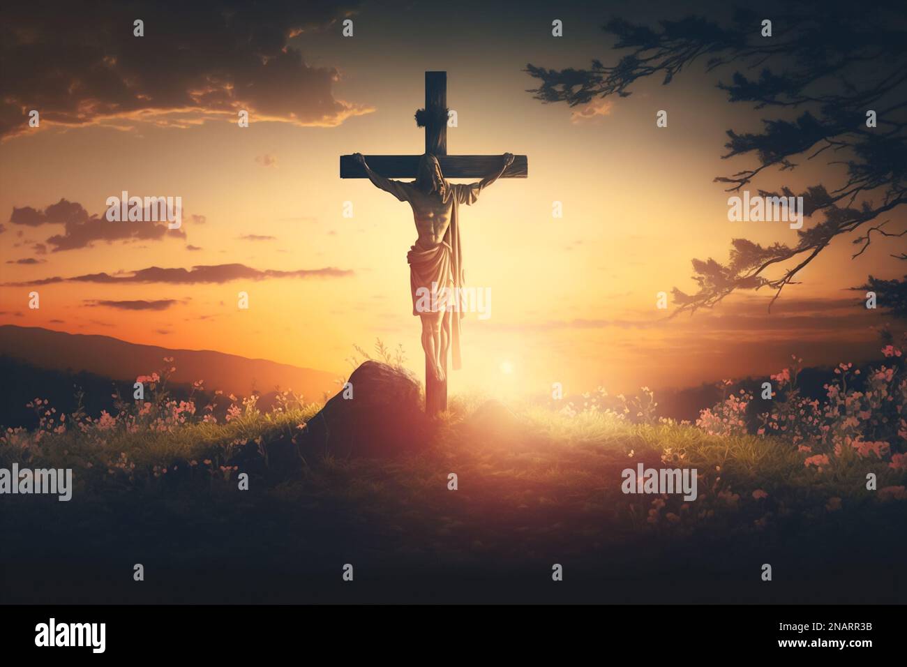 Jesus Christ Hangs on the Cross at Sunset Stock Photo - Alamy