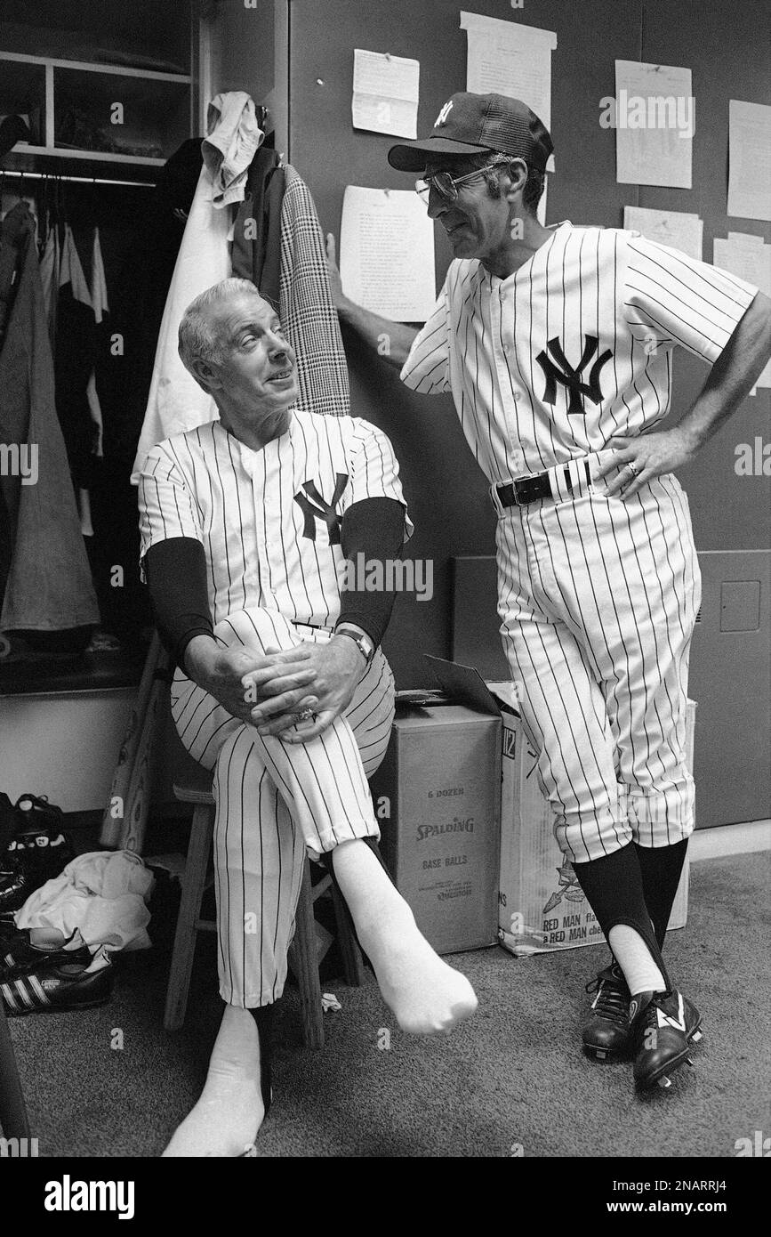 Joe DiMaggio and Phil Rizzuto in New York Yankees uniform again for Old Timers Day at the Yankee ...