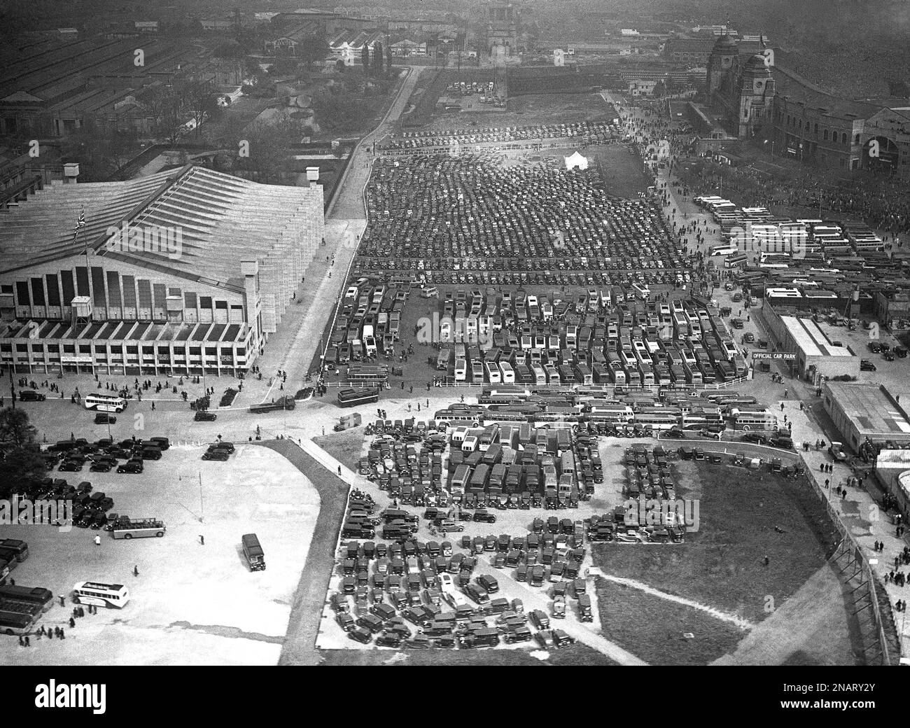 An aerial view of the car parks outside Wembley Stadium, London ...