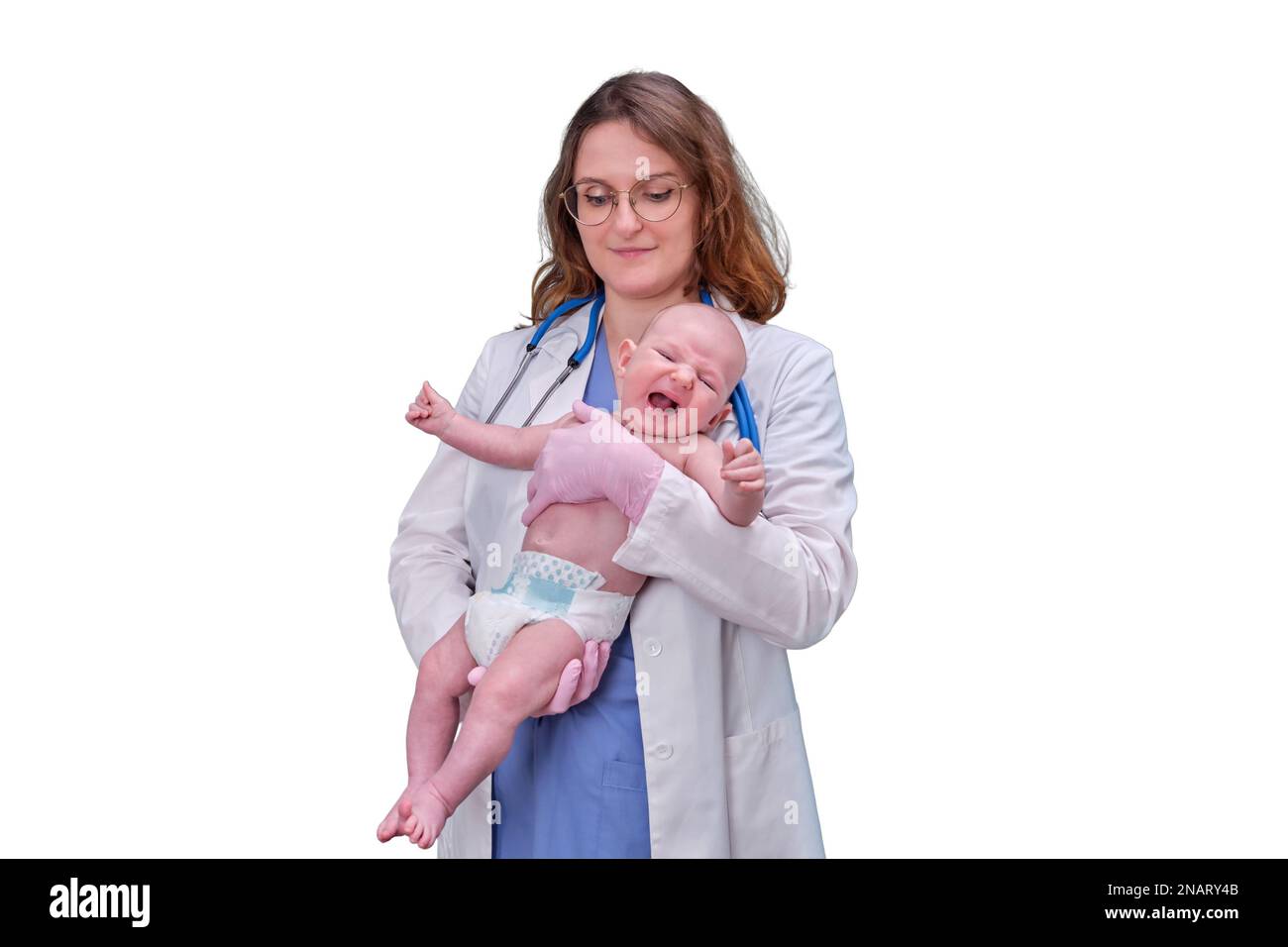 Pediatrician doctor holding newborn baby and smiling, isolated on a ...