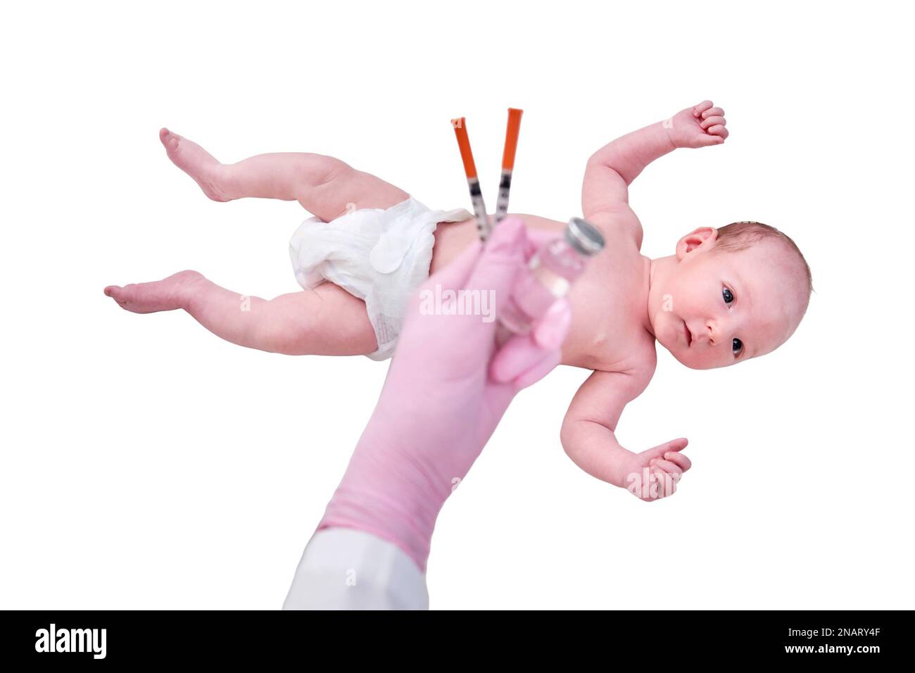 The doctor uses a syringe to inject a newborn child, isolated on a ...