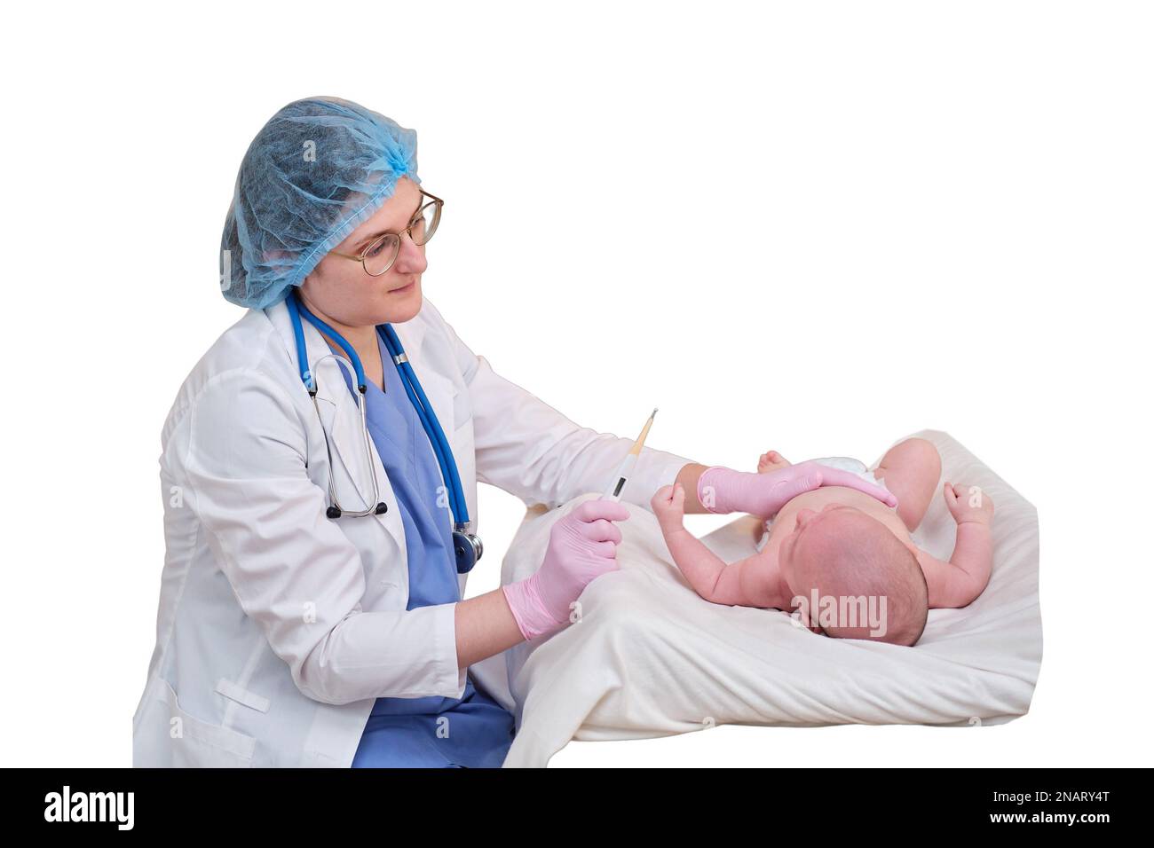 Doctor checks the temperature of the newborn baby with a thermometer ...