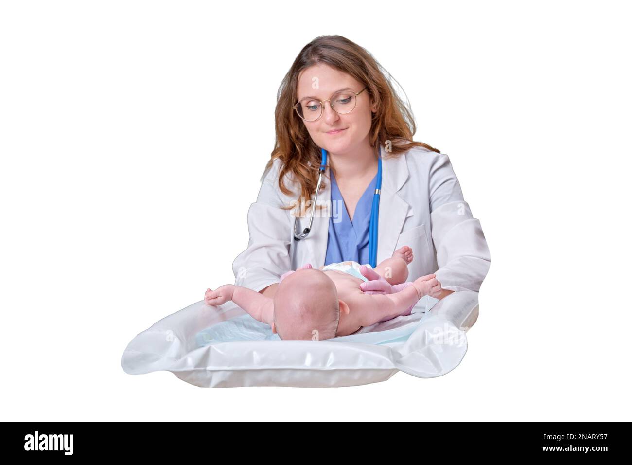 The doctor does gymnastics and massage to a newborn baby, isolated on a ...