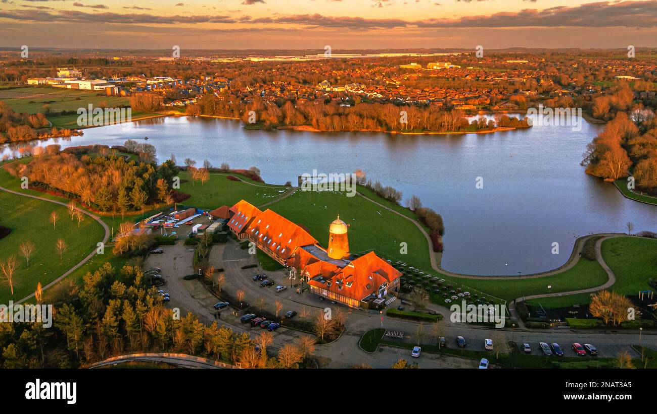 An aerial view of Caldecotte lake and its surroundings on a beautiful ...