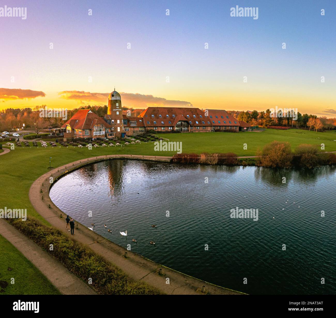 An aerial view of Caldecotte lake and its surroundings at sunset Stock ...