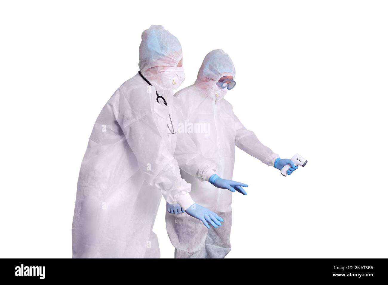 Two doctors in white paramedic uniforms isolated on a white background ...