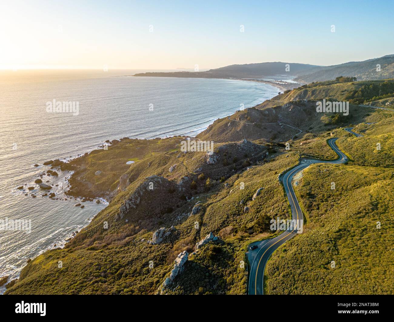 California Raodtrip. Highway 1 Aerial panorama at sunset. Muir Woods ...