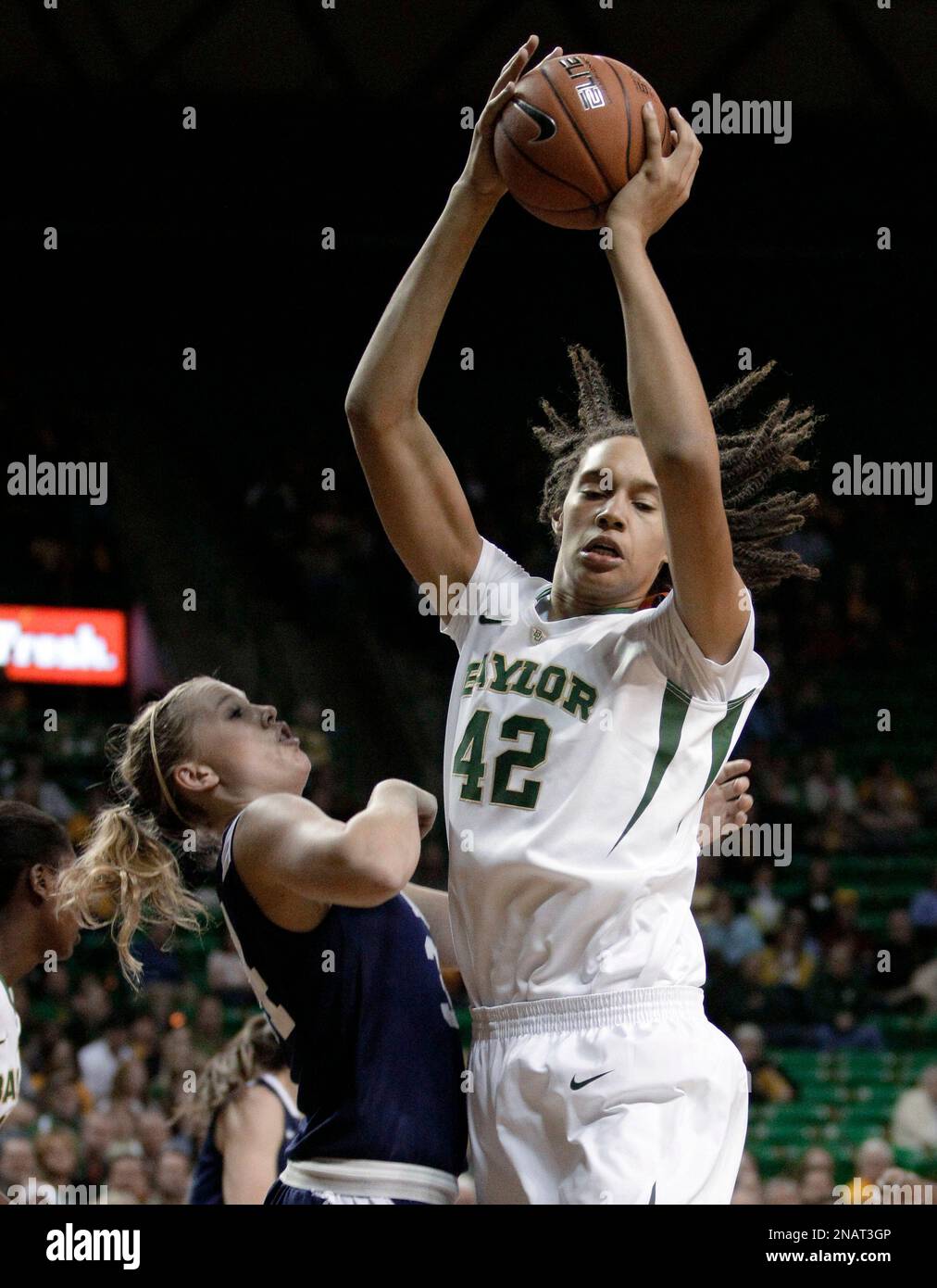 Baylor center Brittney Griner (42) grabs a rebound over Yale forward ...