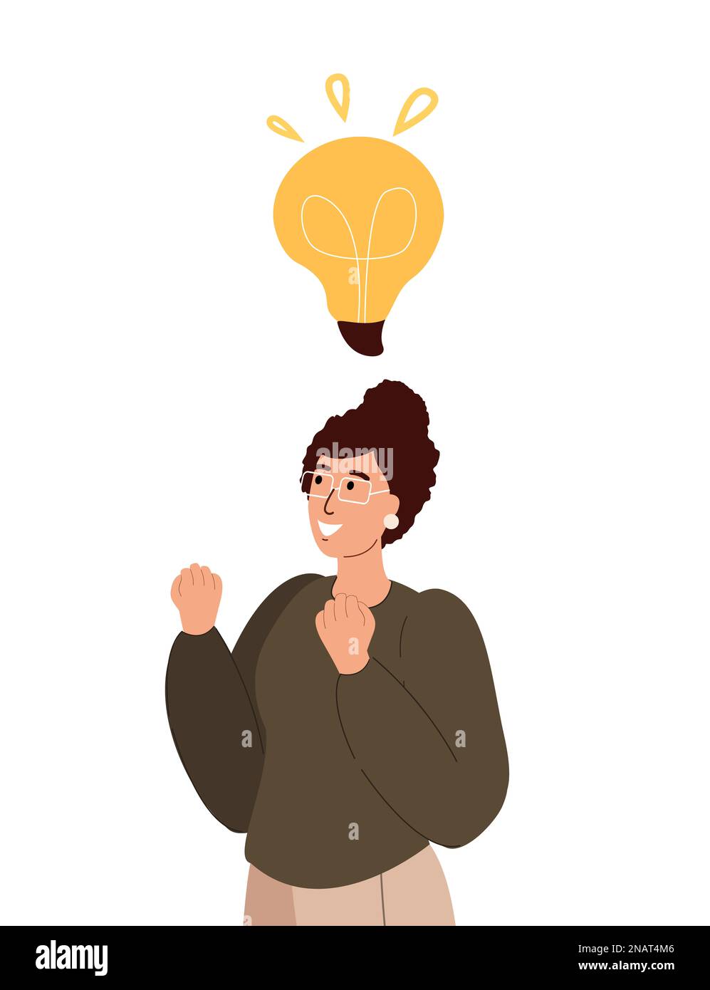 Glad woman with creative business idea.Bright lightbulb,smart solution ...