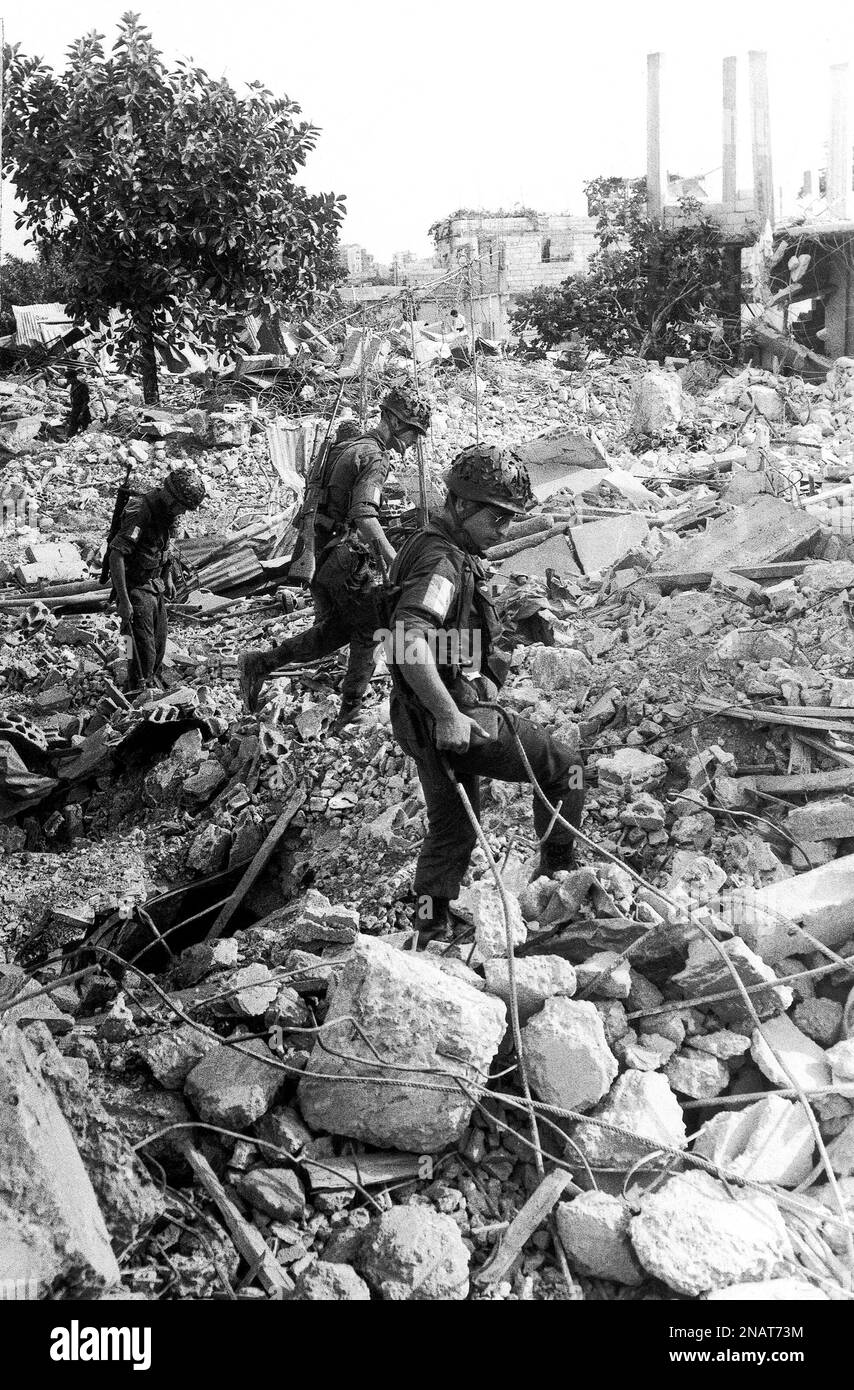 Members of the French peacekeeping force, as they use mine-detectors ...
