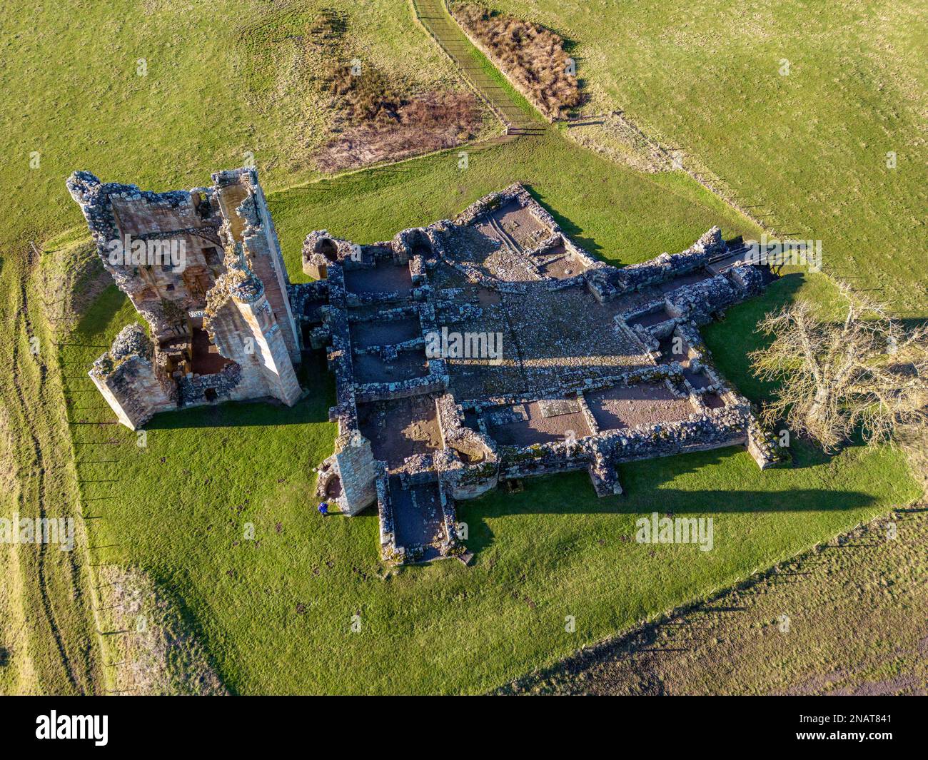Aerial view of Edlingham Castle near Alnwick in Northumberland ...