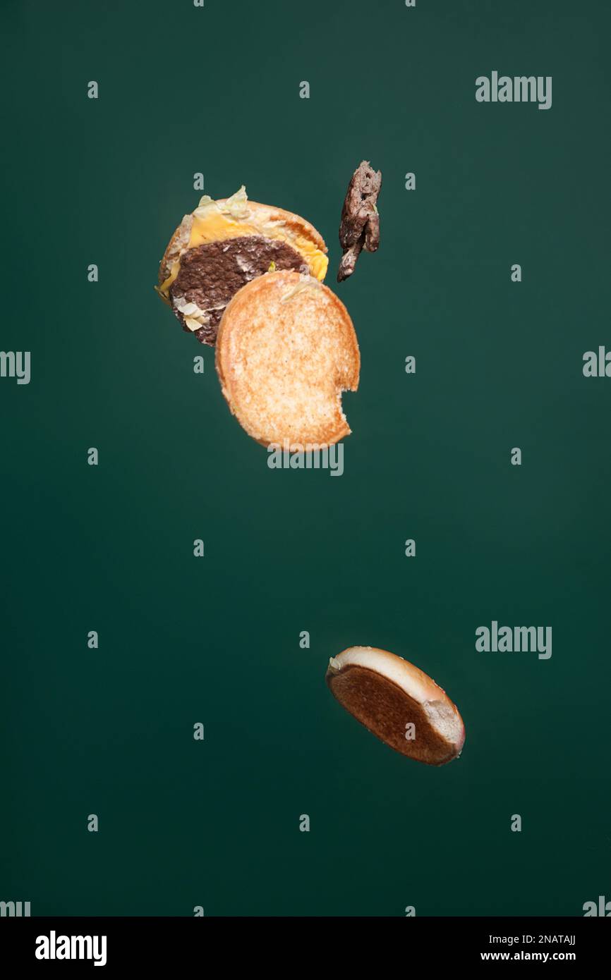 Burger thrown away on green background Stock Photo - Alamy