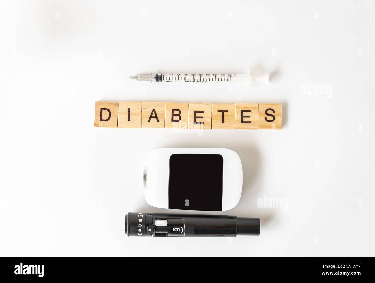 Wooden letter block word diabetes with lancet, glucose meter and ...