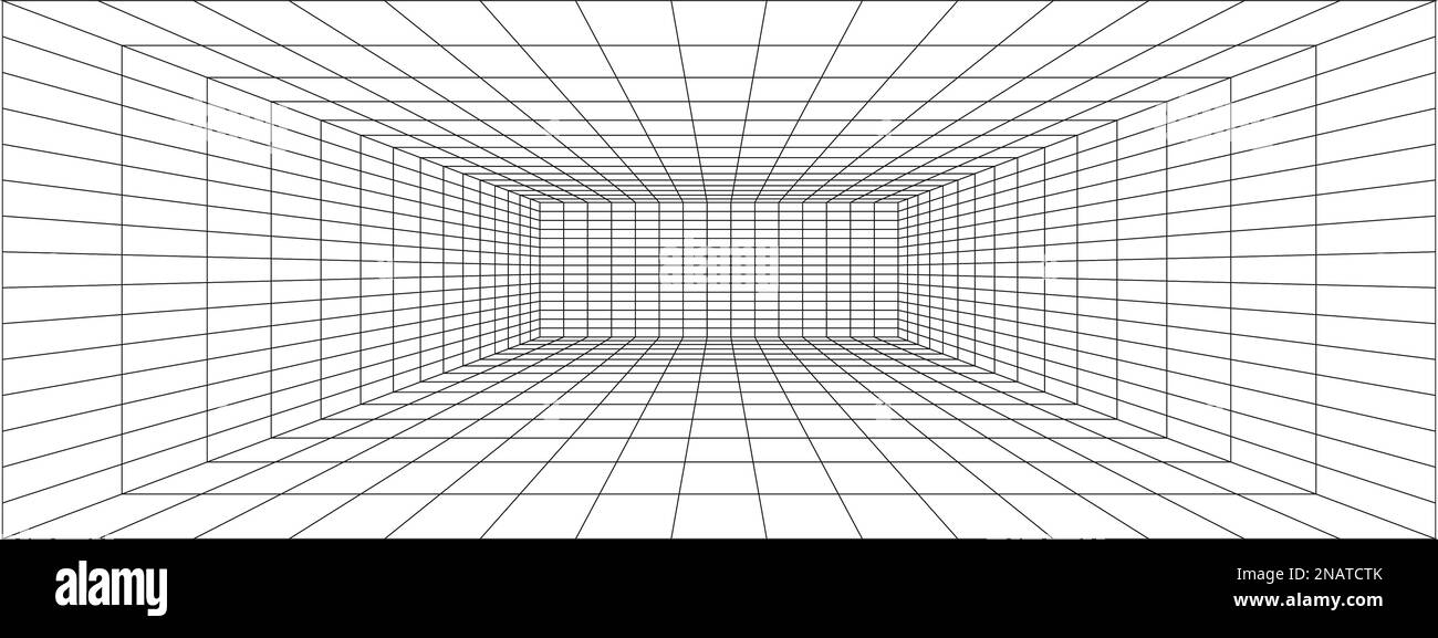 Room, hallway, studio or portal wireframe in perspective. Box grid structure. Mesh in 3D ...