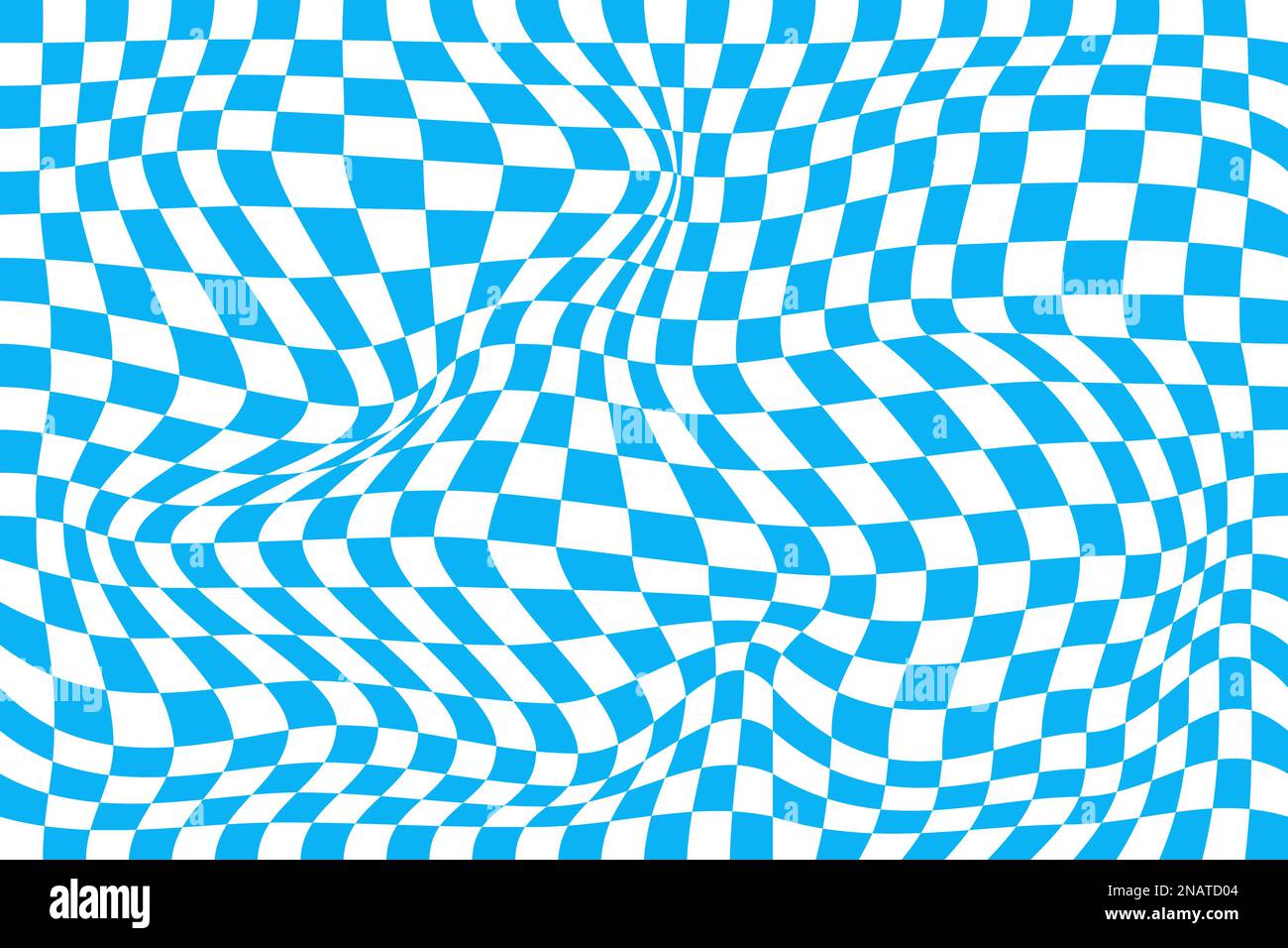 Psychedelic pattern with warped blue and white squares. Distorted chess board background ...