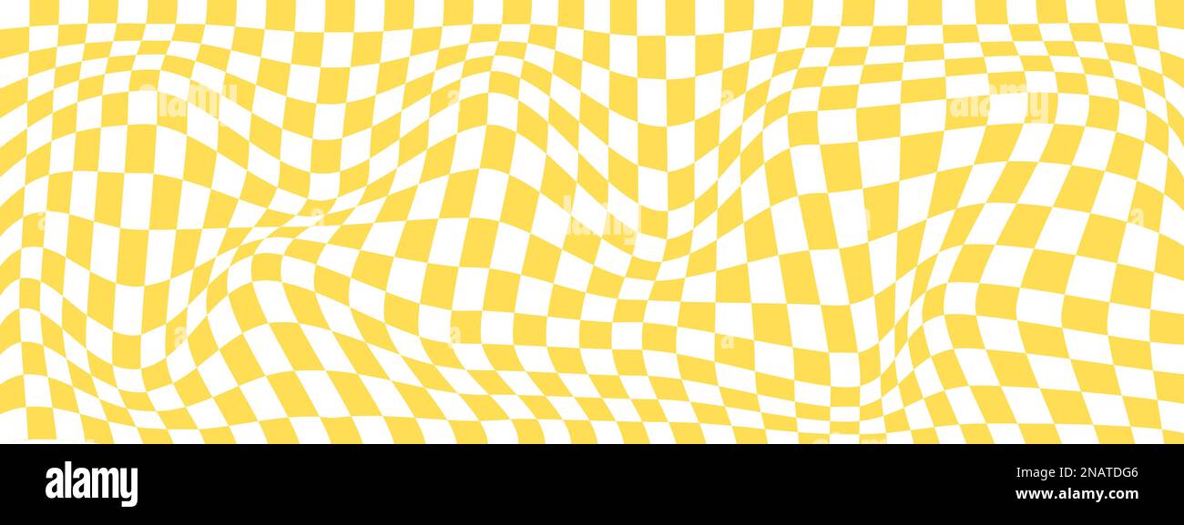 Psychedelic pattern with warped orange and white squares. Trippy checkerboard texture. Distorted ...