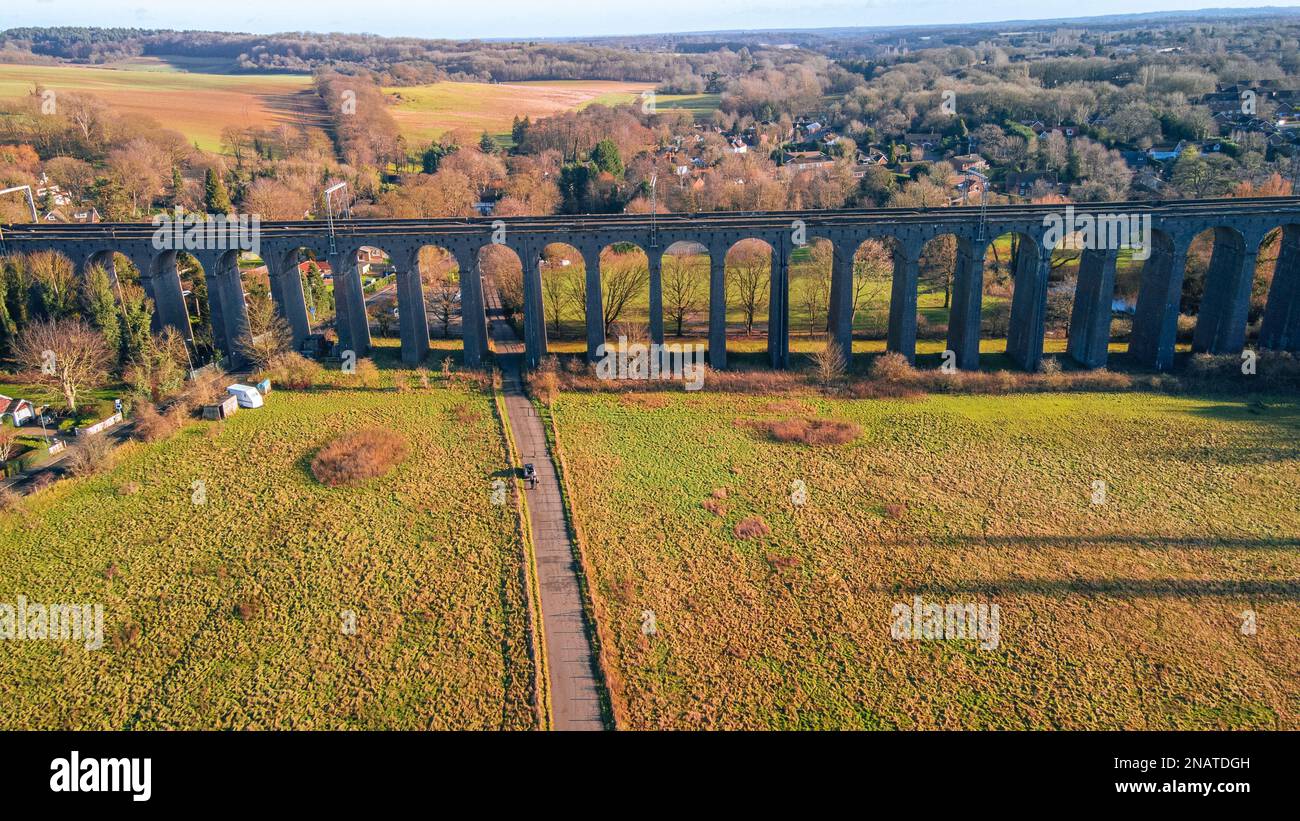An aerial view of Digswell Viaduct bridge on a sunny autumn day in ...