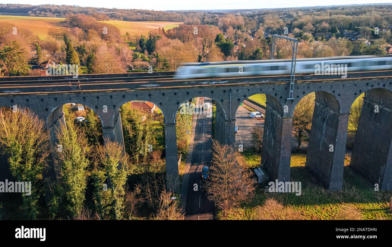 An aerial view of Digswell Viaduct bridge on a sunny autumn day in ...
