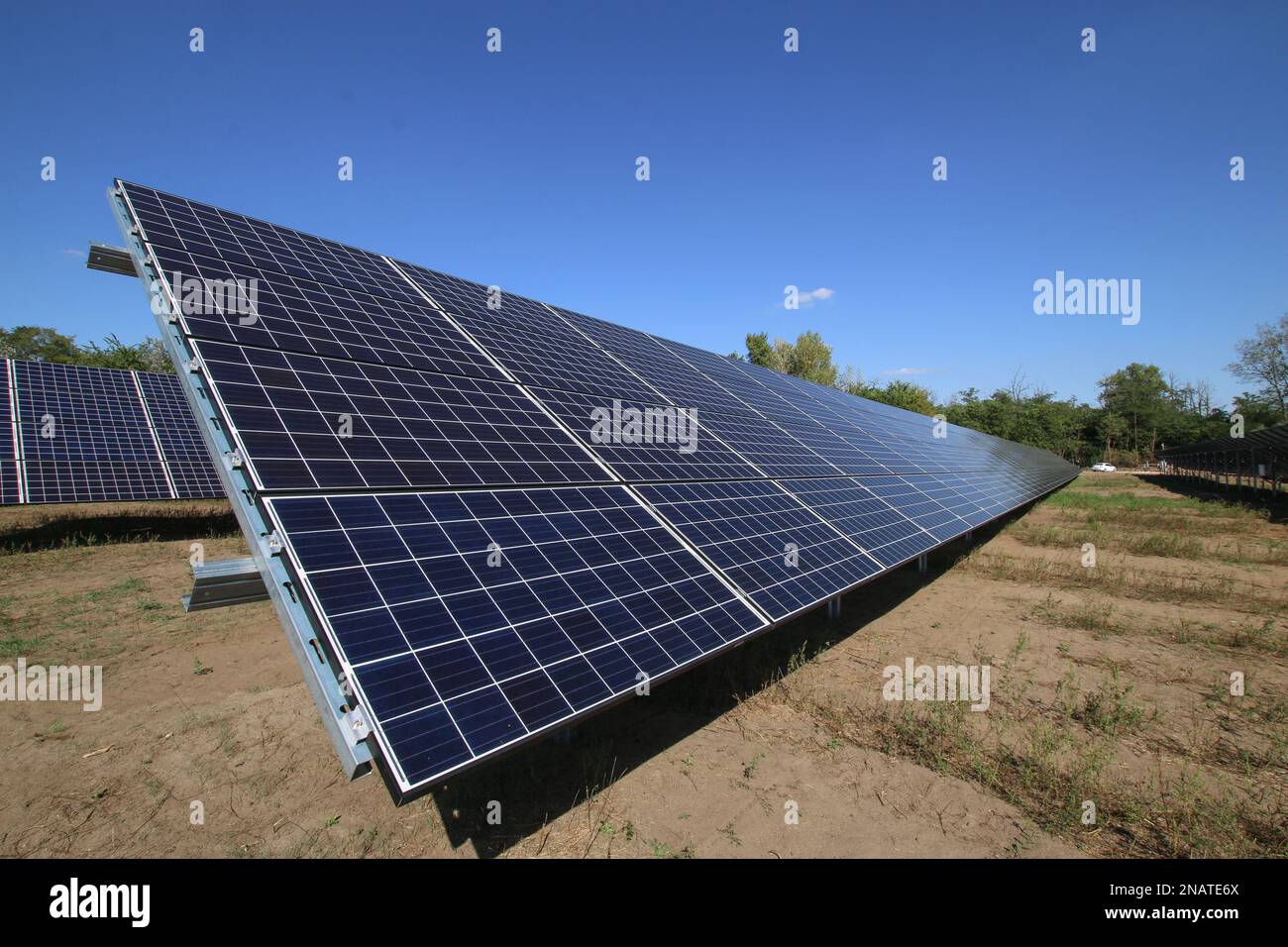 Renewable solar power plant with sunshine. Solar panel, photovoltaic panel renewable electrical ...