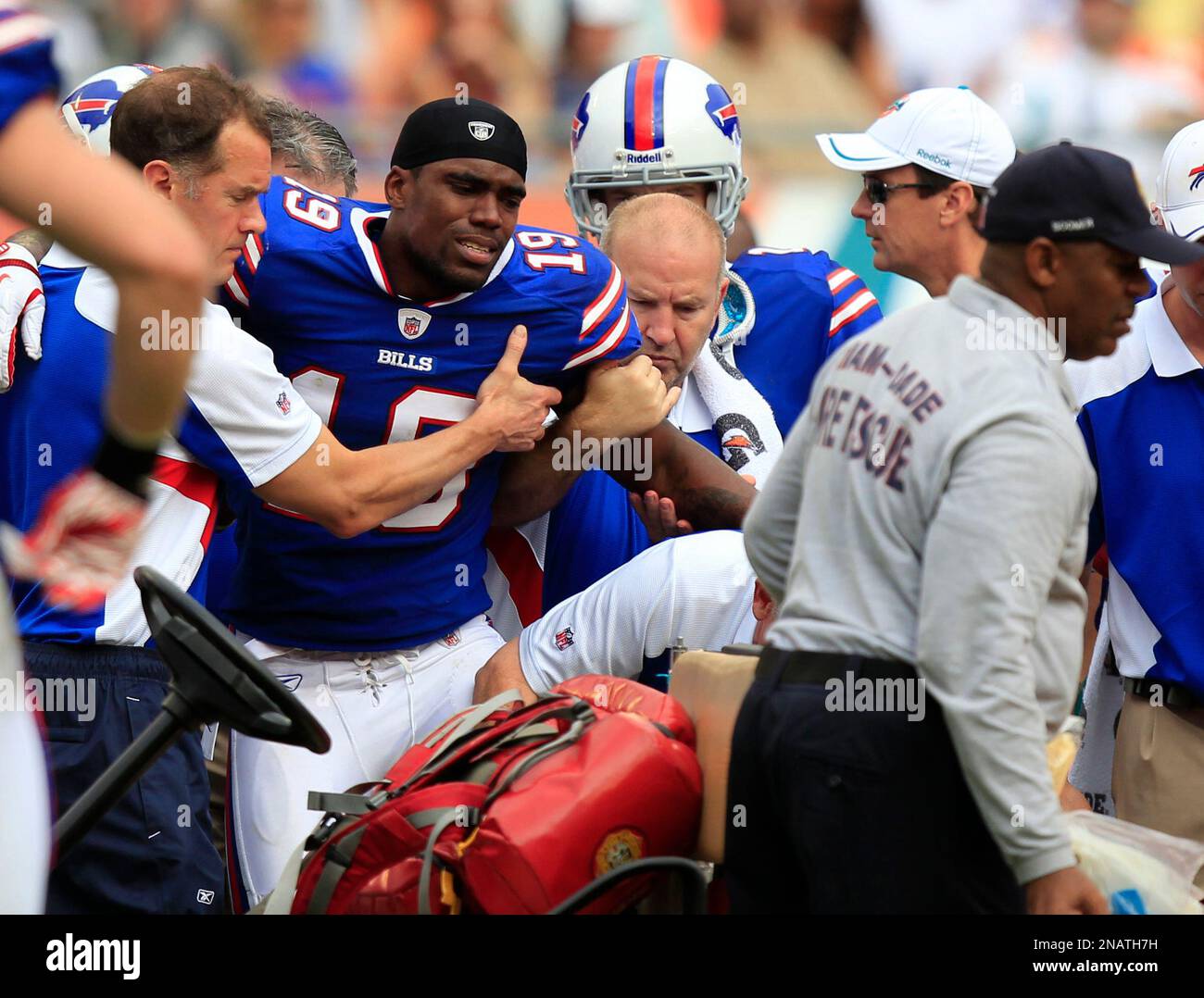 Buffalo Bills wide receiver Donald Jones (19) is helped onto a cart ...