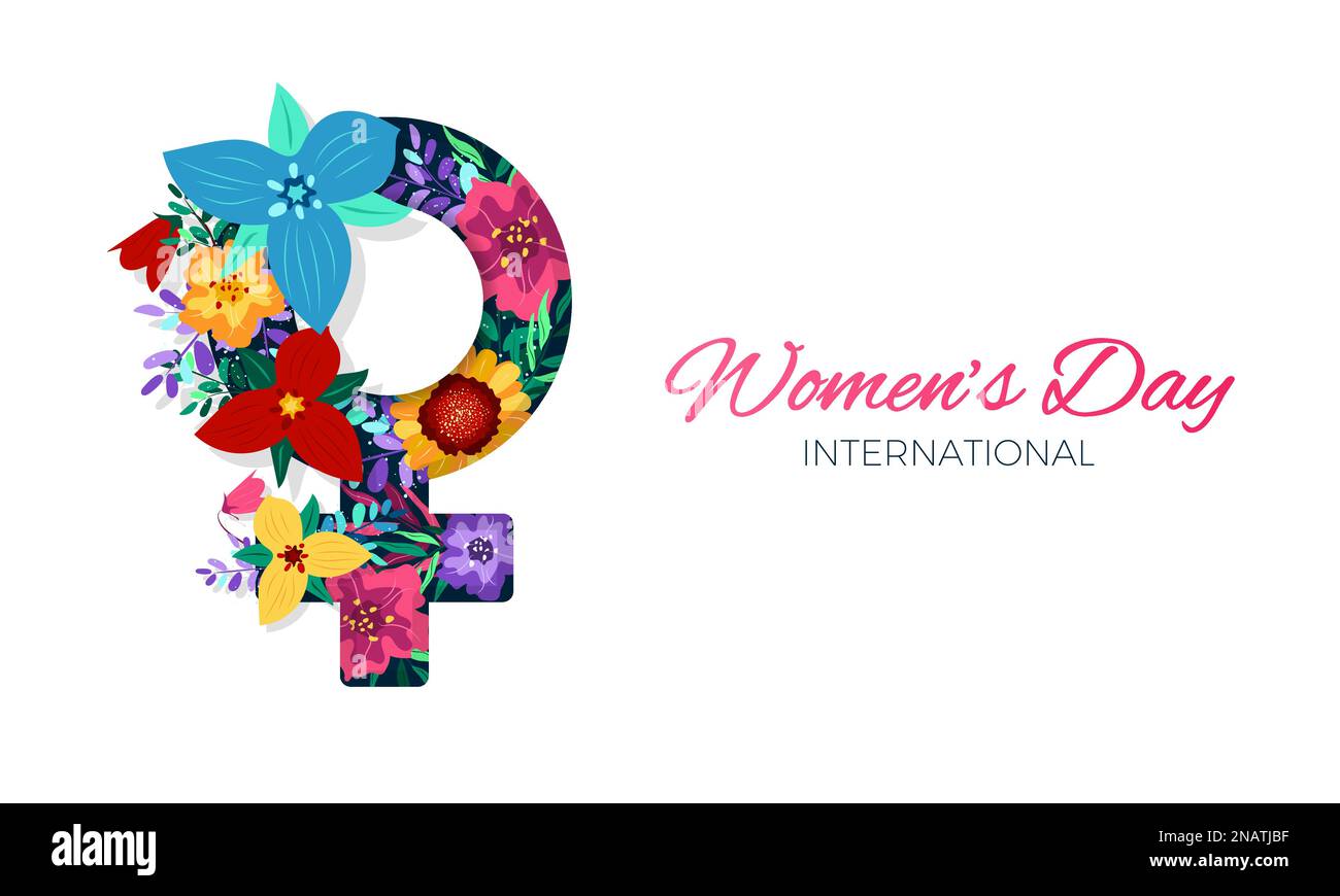 International women's day banner with woman sign and spring flowers ...