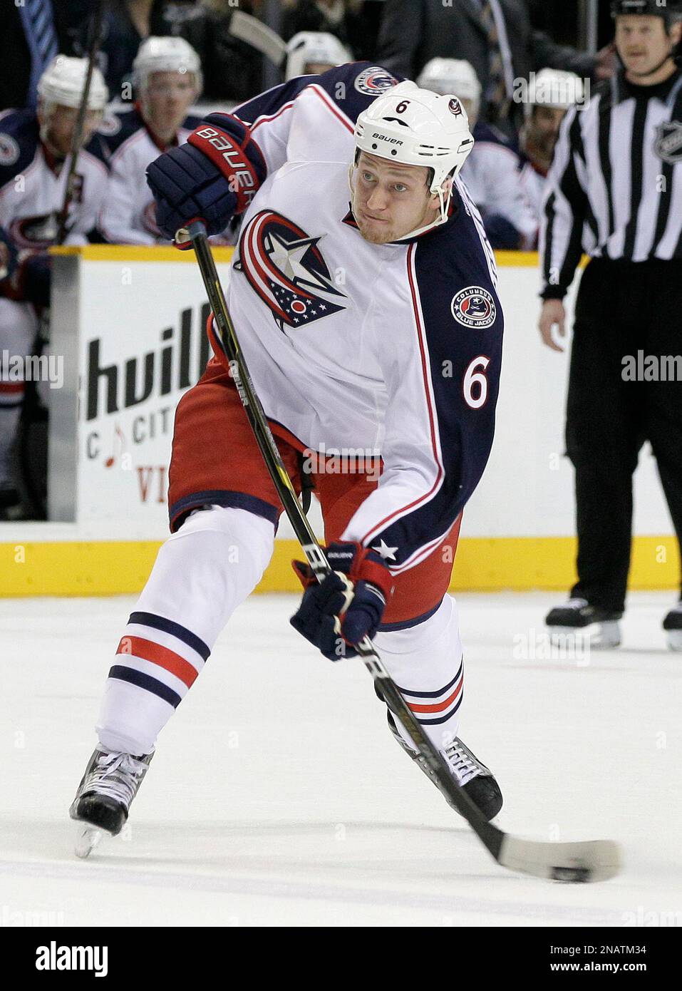 Columbus Blue Jackets defenseman Nikita Nikitin, of Russia, shoots ...