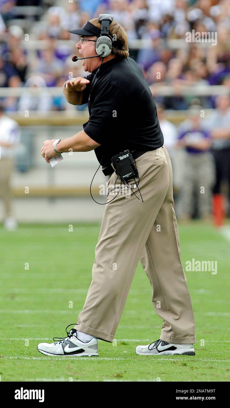 TCU head coach Gary Patterson yells to players on the field in the ...