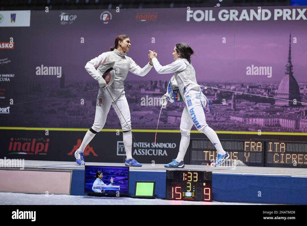 Turin, Italy. 12th Feb, 2023. Ysaora Thibus (FRA) and Erica Cipressa ...