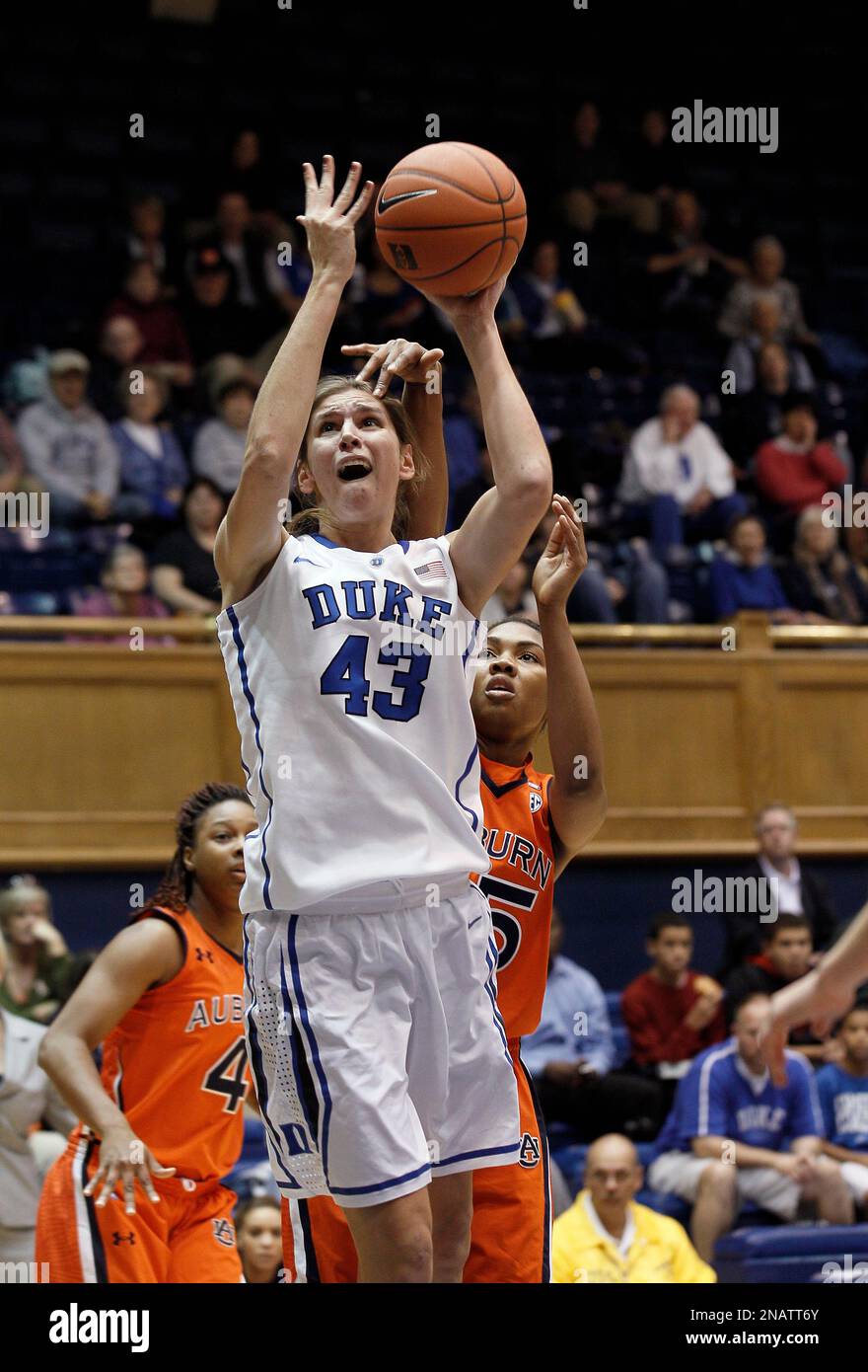 Duke's Allison Vernerey (43) shoots against Auburn's Jassany Williams ...