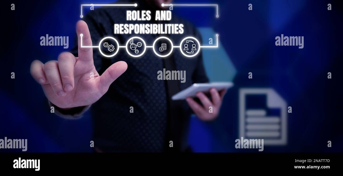 Text caption presenting Roles And Responsibilities. Business idea ...