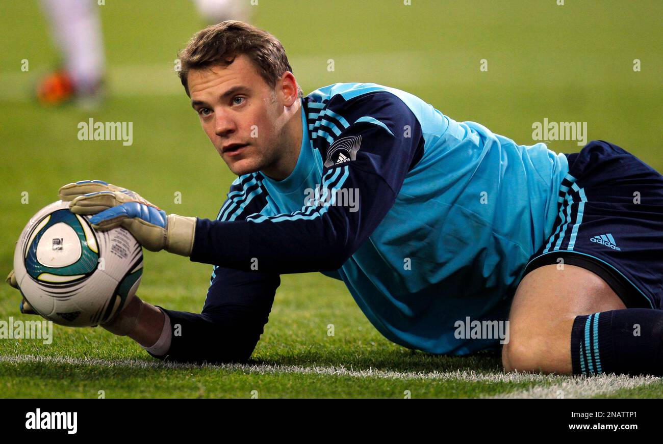 Germany's goalkeeper Manuel Neuer holds the ball during a friendly ...