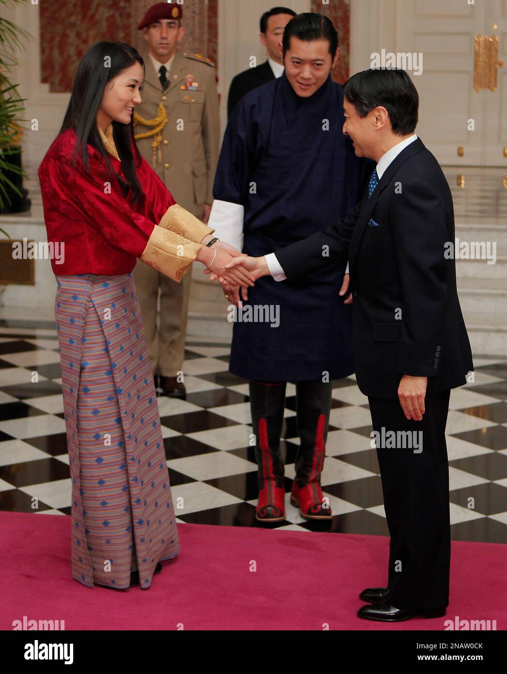 Bhutan's King Jigme Khesar Namgyal Wangchuck, center, watches as Japan's Crown Prince Naruhito ...
