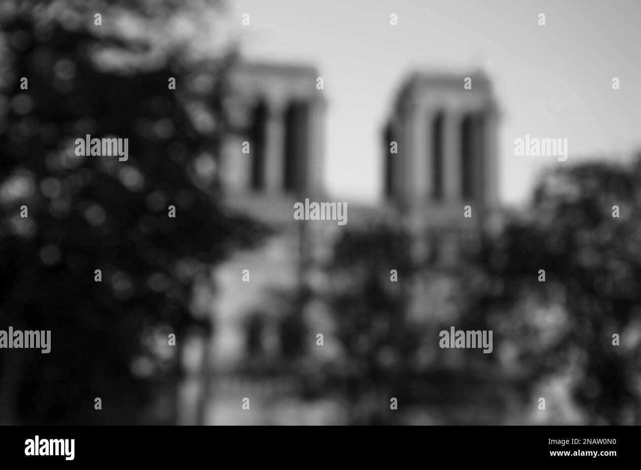 Blurry photo of Notre Dame cathedral in Paris at sunset. View through ...