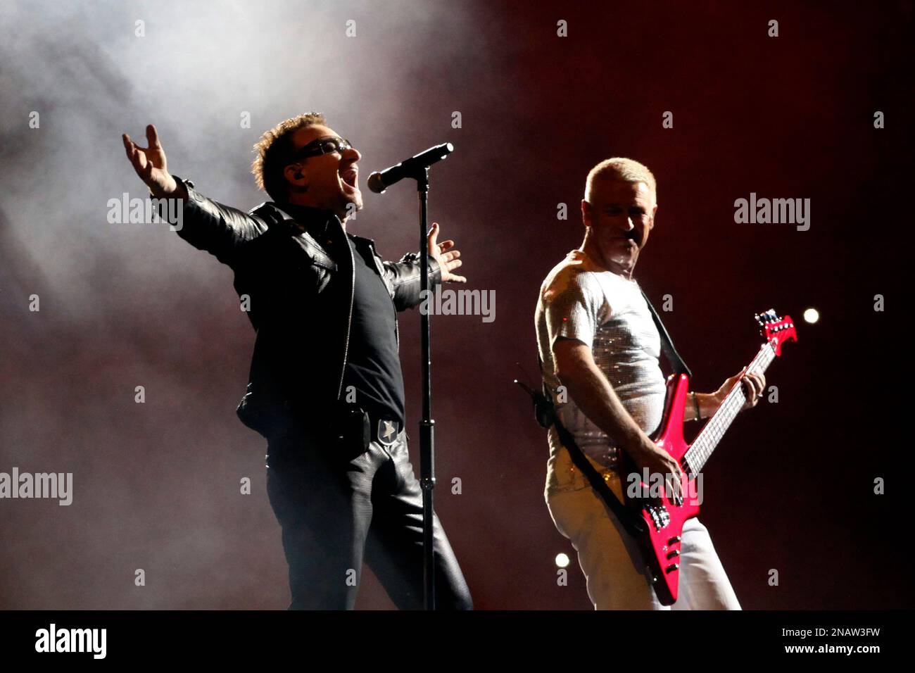 Members of the Irish rock band U2, Bono, left, and Adam Clayton perform ...