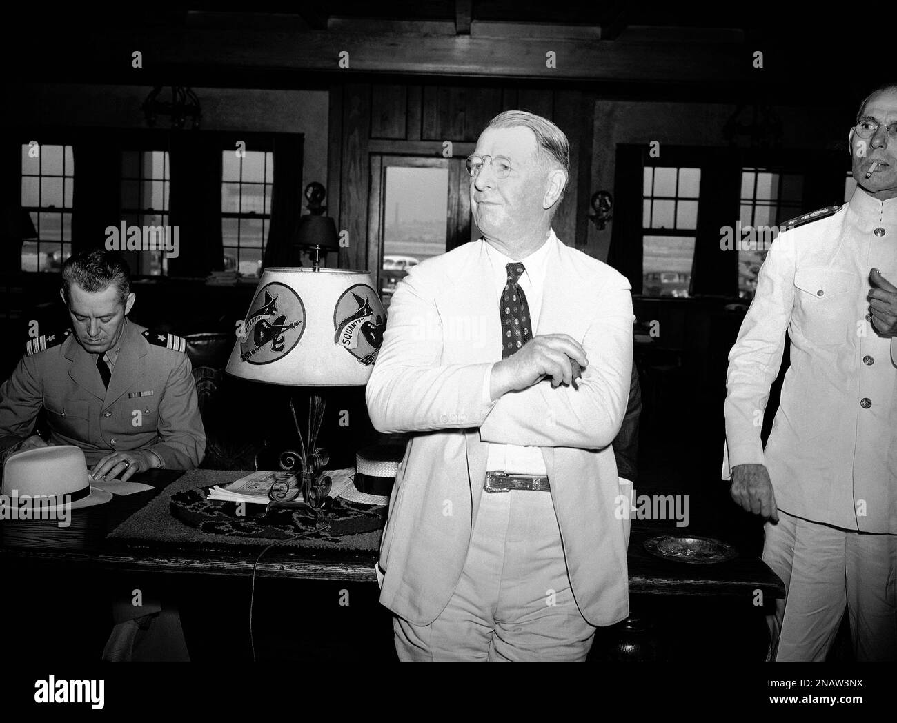 Secretary of Navy Frank Knox, on visit to Squantum Naval Air Base on ...