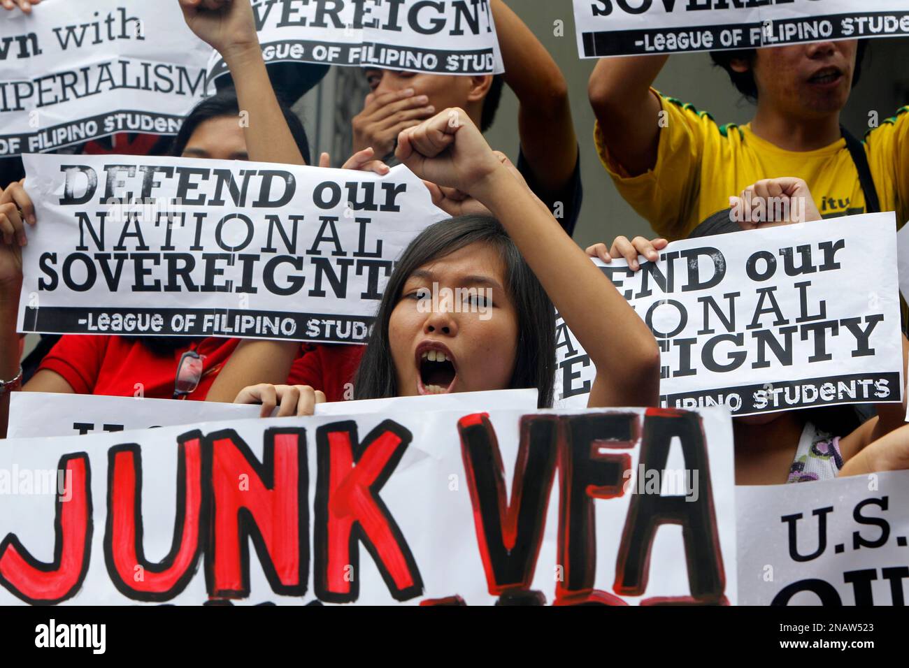 Student activists shout slogans during a rally at the steps of the Arts ...